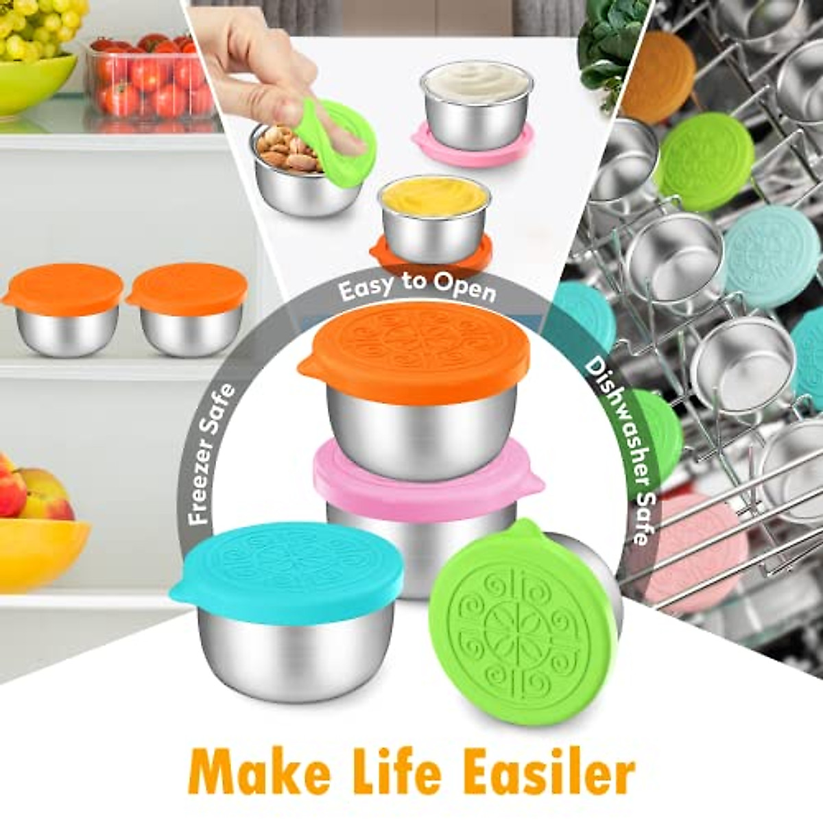 Stainless Steel Condiment Containers with Lids, 4 x1.7 oz Salad Dressing Container To Go, Leakproof Reusable Sauce Container with Silicone Lids, Small Dipping Sauce Cups for Lunch Box Picnic Travel