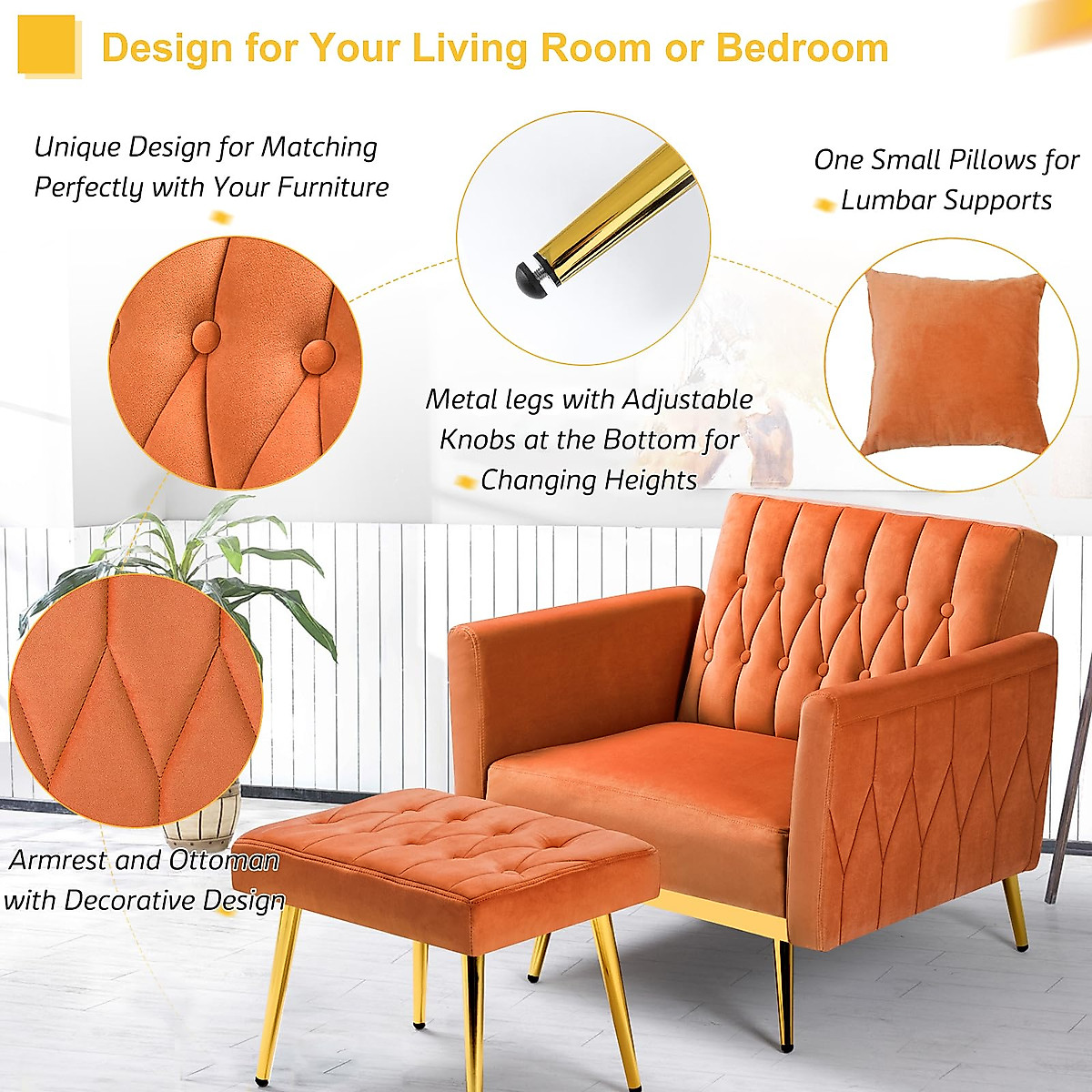 ACMEASE Velvet Accent Chair w/Adjustable Armrests and Backrest, Button Tufted Lounge Chair, Single Recliner Armchair with Ottoman and Pillow for Living Room, Bedroom,Orange