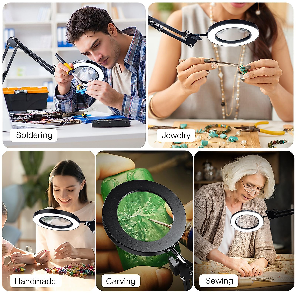 Magnifying Glass with Light, EOOKU 3-in-1 Magnifying Desk Lamp 5X & 10X Magnifying Glass with Light, Adjustable Swivel Gooseneck Arms & Heavy Duty Base Plate…