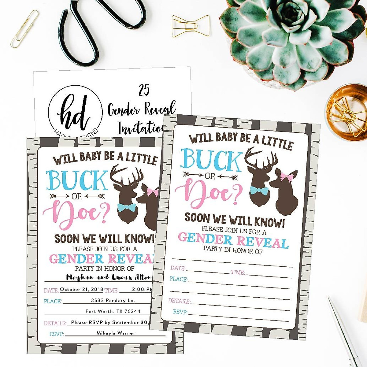 Hadley Designs 25 Buck or Doe Deer Gender Reveal Baby Shower Party Invitation Cards Pink Blue He She Personalized for Unisex Invite Guess If It's a Boy or Girl Fill In The Blank Printable Invite Pack