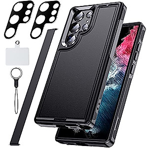 MOZOTER Samsung Galaxy S23 Ultra Case: Military-Grade Protection, Non-Slip Heavy-Duty Cover, Camera Lens Protectors & Silicone Strap - 6.8" Black