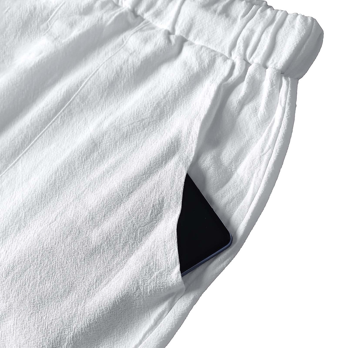 LVCBL Men's White Linen Pants Drawstring Pants Casual Beach Pants,White,XL