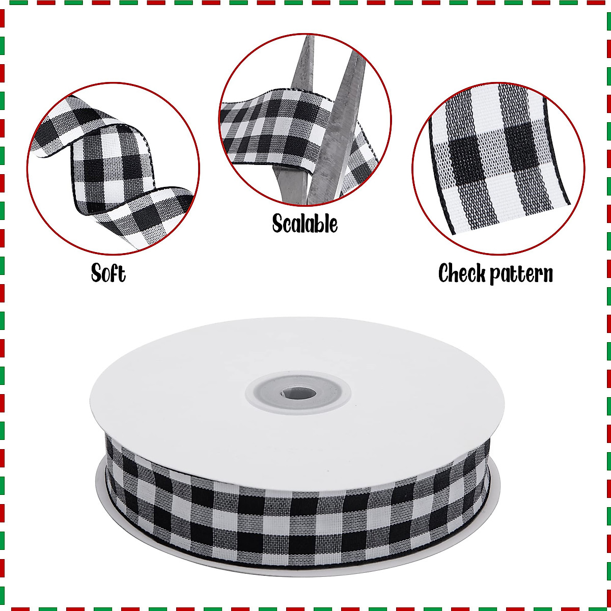 Deloky 50 Yard Large Buffalo Plaid Ribbon-1.0 Inch Black and White Christmas Plaid Check Ribbon, Lumberjack Ribbon for Lumberjack Party, Christmas, Mother's Day Gift,DIY Craft Decoration