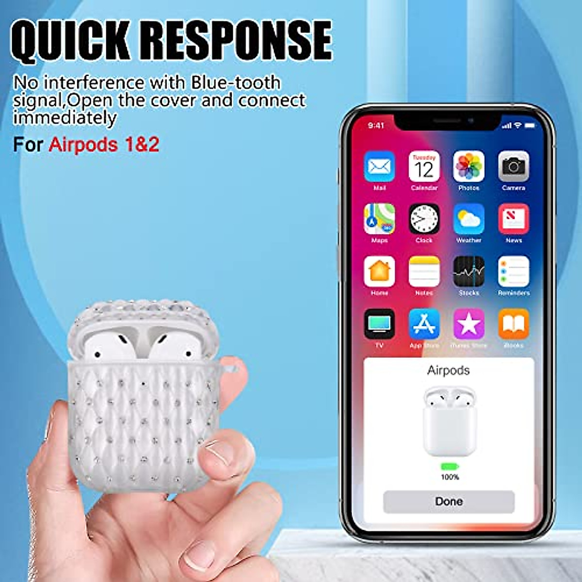 Glitter Diamond Design for AirPods 1/2 Case with Pearl Wrist Chain Keychain,Clear Sparkle Bling Cristal Protective Skin Cover for Airpod 2nd Generation TPU Shock Proof for Women Girls