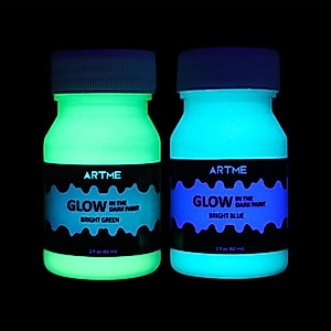 Artme Glow in The Dark Paint, Glow Paint Set of Green and Blue Colors (60ml/2oz, each) Acrylic Glow Paint Perfect for Art Painting, DIY projects, Halloween Decorations, Adults, Artists, and Students