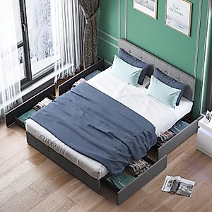 Mixoy Upholstered Platform Bed Frame with 4 Storage Drawers,Cal King Bed Frame with Square Button Tufted Adjustable Headboard, Wood Slat Support,No Box Spring Needed,No Mattress (Cal King,Dark Grey)