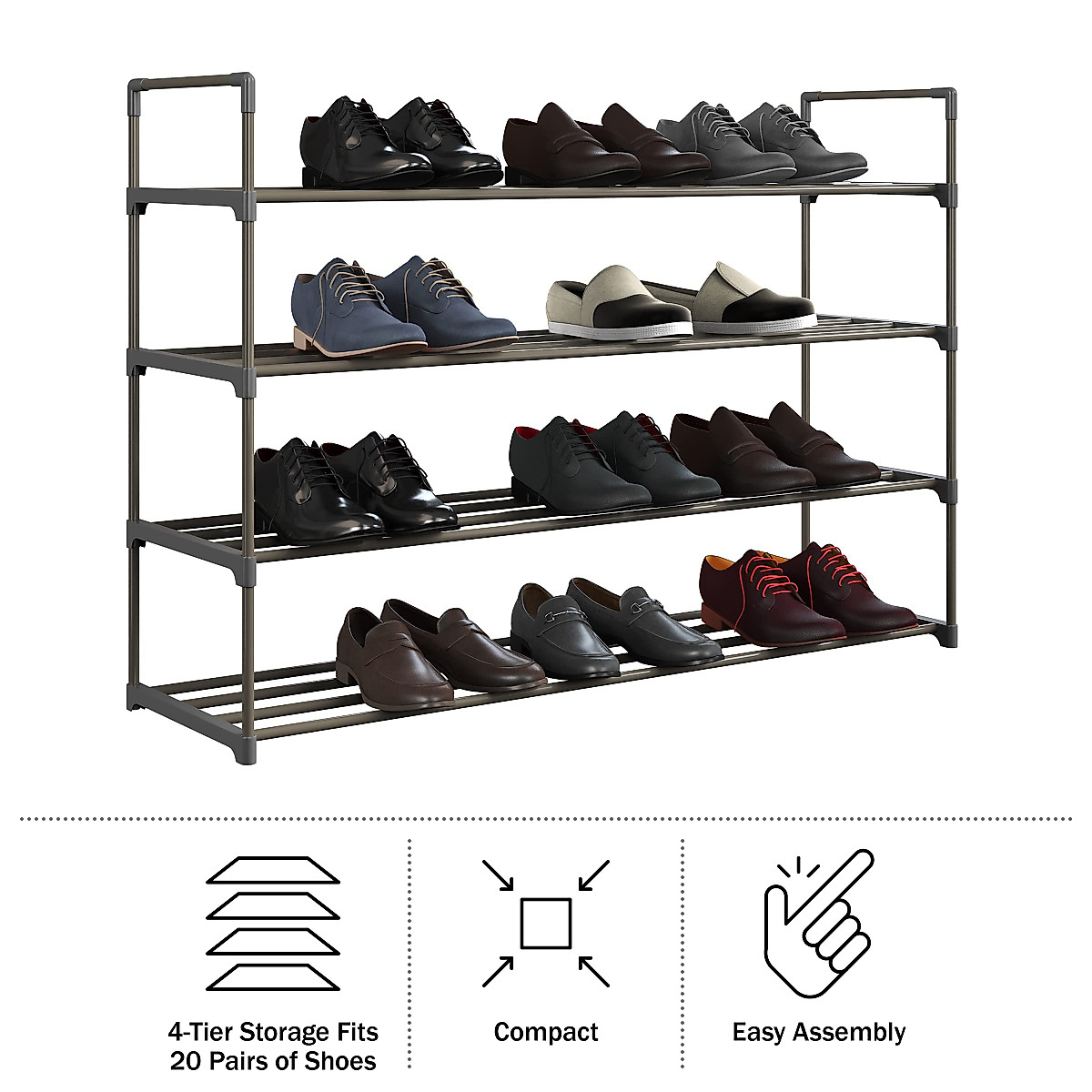 Shoe Rack - 4-Tier Shoe Organizer for Closet, Bathroom, Entryway - Shelf Holds 20 Pairs Sneakers, Heels, Boots by Home-Complete (Gray)