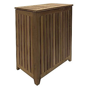 Genuine Teak Wood Spa Style Full Size Hamper, Top Load Double Hinged Lid, Slat Panel Woodgrain Finish, 19.75 Inch Width x 11 inch Depth x 26 Inch Tall