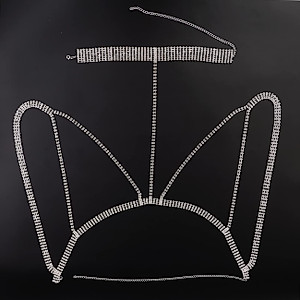 Chargances Silver Crystal Body Chain Necklace Sparkly Sexy Bra Body Chest Chain Bikini Rhinestone Body Chain Accessories for Women and Girls Party Prom Beach (Silver)