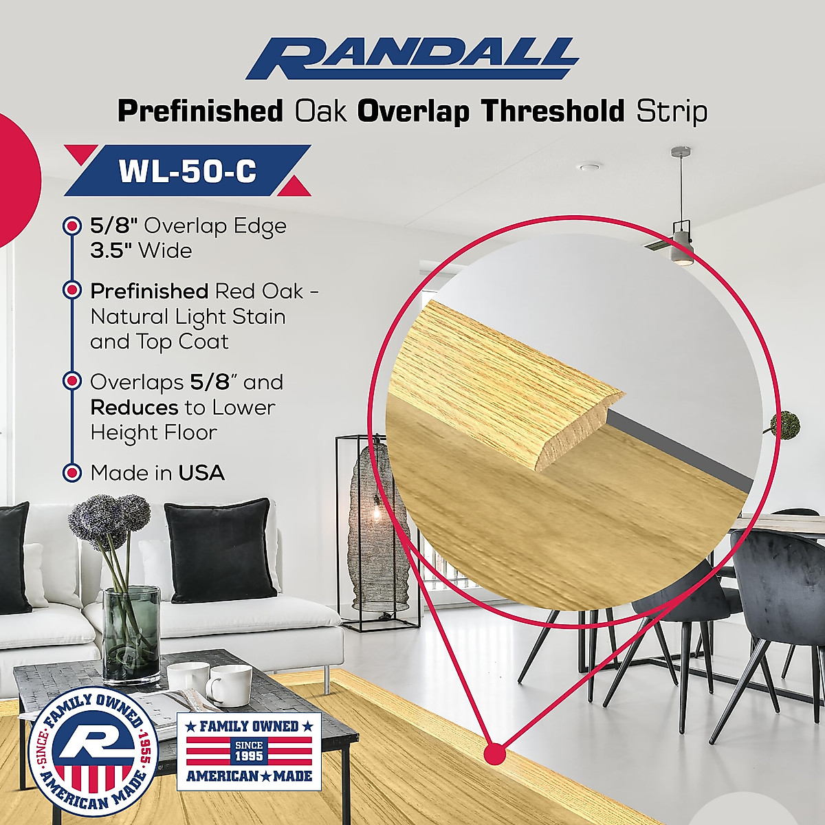 Prefinished Oak Overlap Threshold 3 1/2" Wide x 5/8" Thick with 5/16" High Overlap (4 FT [48 3/4"] Long)