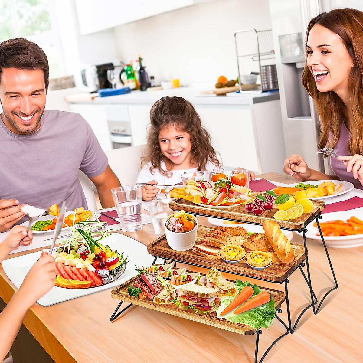 3 Tier Wooden Cupcake Stand Serving Tray, FODIENS Acacia Wood Dessert Table Display Set with Foldable Iron Frame, Decorative Tiered Charcuterie Boards Serving Trays Platters for Party Entertaining