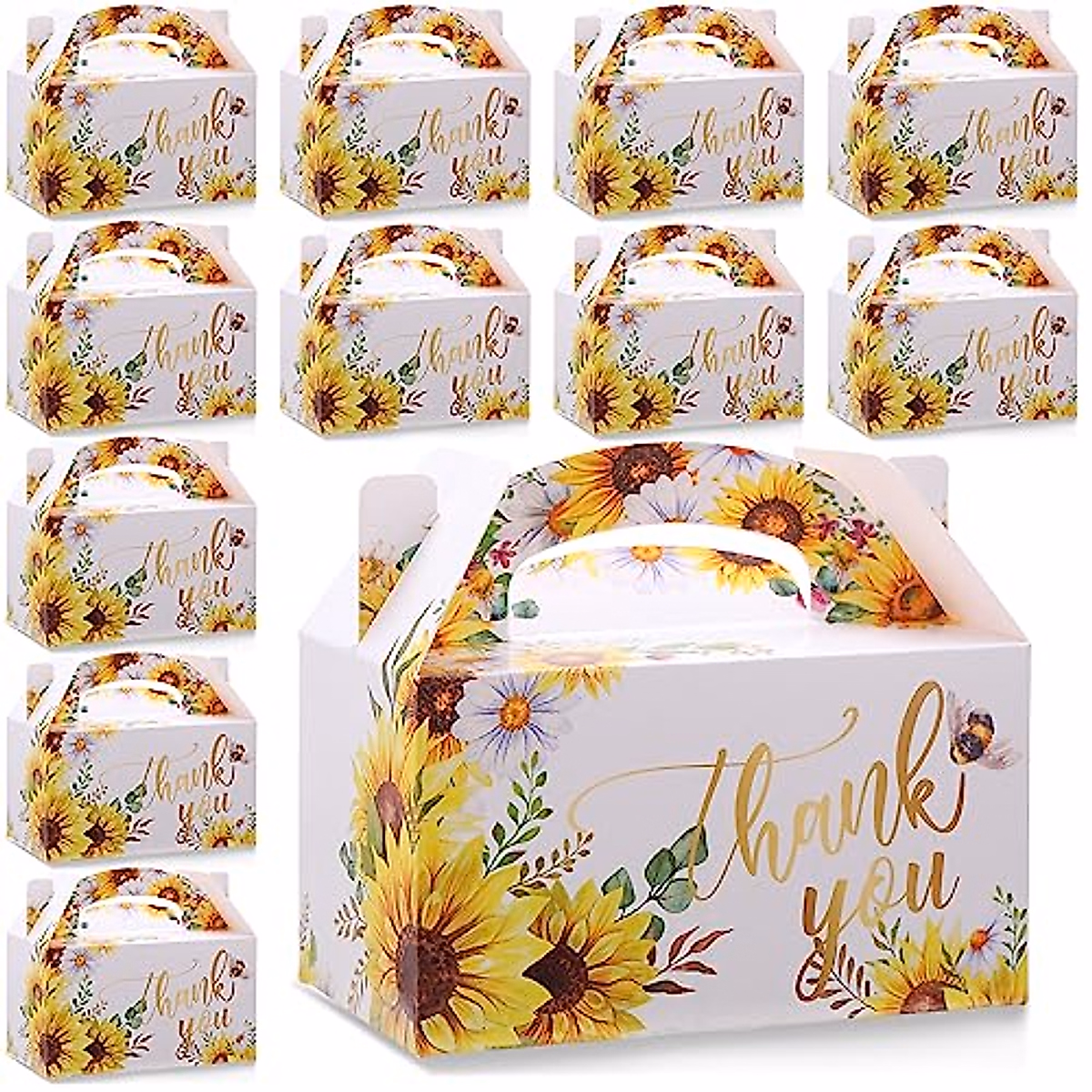 Ctosree 50 Pcs Thank You Favor Boxes Sunflower Gable Treat Box Goodie Boxes Baby Shower Favor Boxes Floral Gift Box for Sunflower Party Wedding Birthday Tea Celebrating, 6.2 x 3.5 x 3.5 Inch