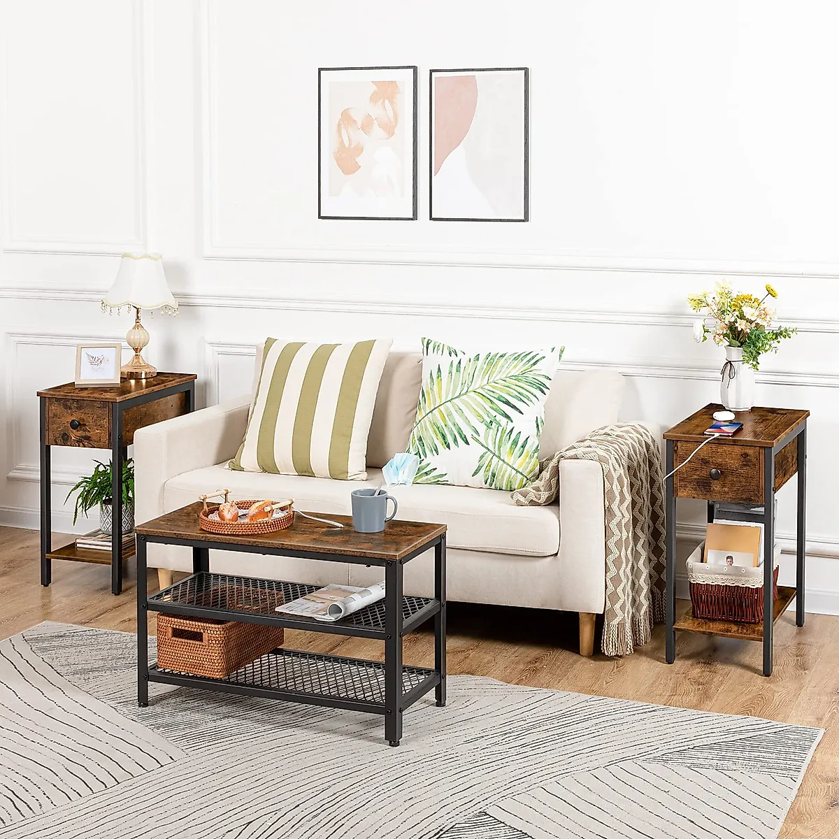 HOOBRO End Table with Charging Station, Set of 2 Narrow Side Table, Small Nightstand, Bedside Table with Drawer and Storage Shelves, for Small Spaces, Rustic Brown and Black BF041BZP201