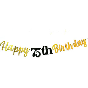 Glitter Happy 75th Birthday Banner, Black and Gold Happy 75th Birthday Banner Sign, 75th Birthday Party Decorations Supplies Pre - Strung (Black)