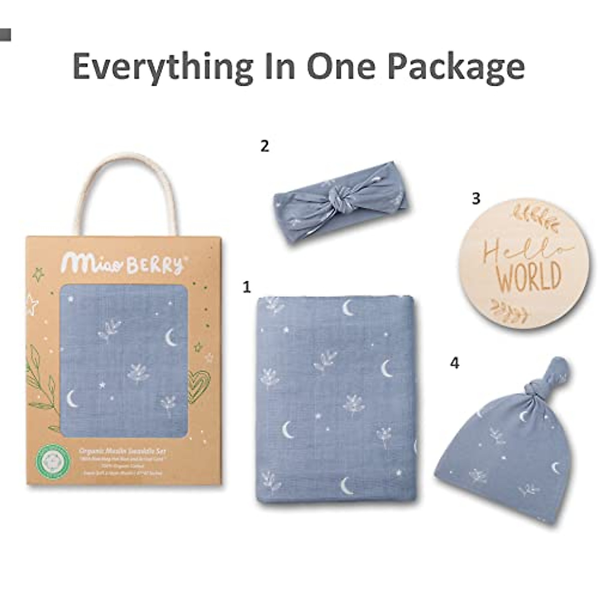 Miaoberry 100% Organic Muslin Swaddle Set w Matching Hat/Bow| Moon Leaves in Haze Blue| Hospital Home-Coming Baby Announcement Blanket Gender Neutral for Boy n Girl