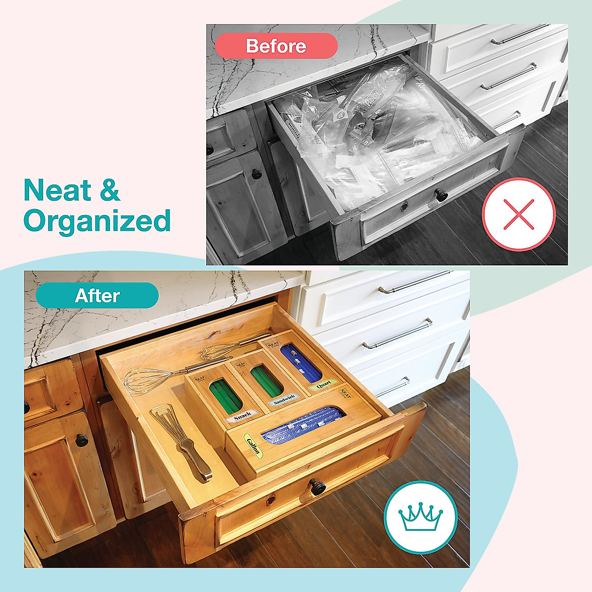 Neat Diva 5 Piece Bundle includes a 4 Piece Set of Ziplock Bag Organizers plus a 2-in-1 Foil and Plastic Wrap Organizer, Aluminum Foil Organization Storage Bag Organizer Kitchen Drawer