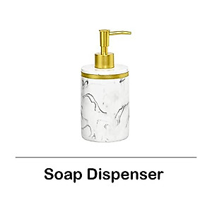 5-Piece Bathroom Counter Top Accessory Set - Dispenser for Liquid Soap or Lotion, Soap Dish, 2 Tumblers and Toothbrush Holder, Marble Pattern Resin (Classic White)