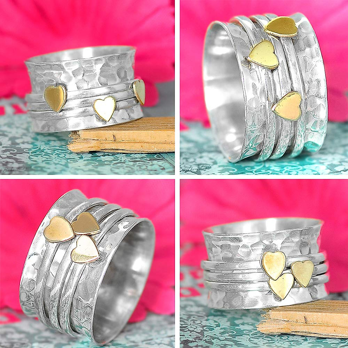 Boho-Magic Spinner Ring for Women 925 Sterling Silver with Brass Hearts and Fidget Bands (8)