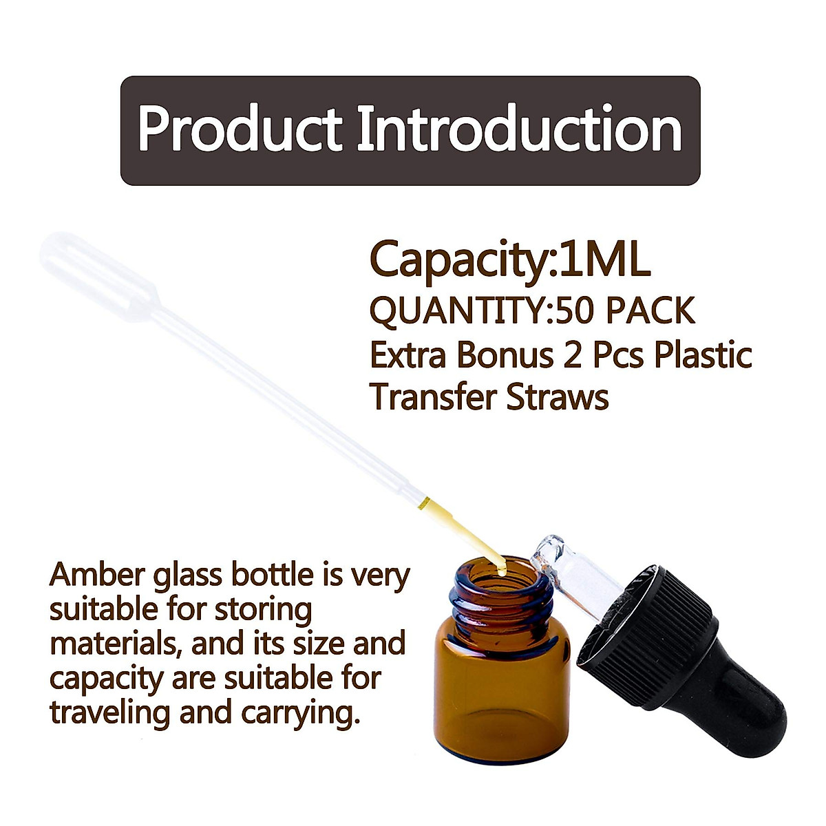 Eassen 50pcs 1ml Amber Mini Glass Dropper Bottles, Small Amber Sample Bottle with Glass Eye Dropper for Essential Oils Sample Traveling