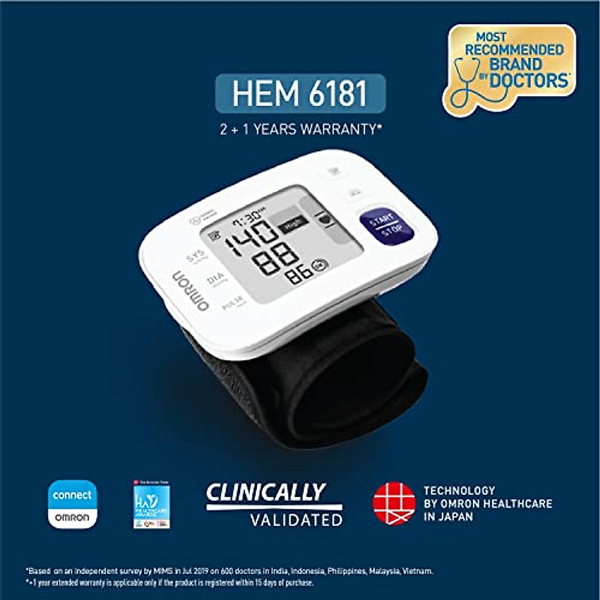 Omron Hem 6181 Fully Automatic Wrist Blood Pressure Monitor with Intelligence Technology, Cuff Wrapping Guide and Irregular Heartbeat Detection for Most Accurate Measurement (White)