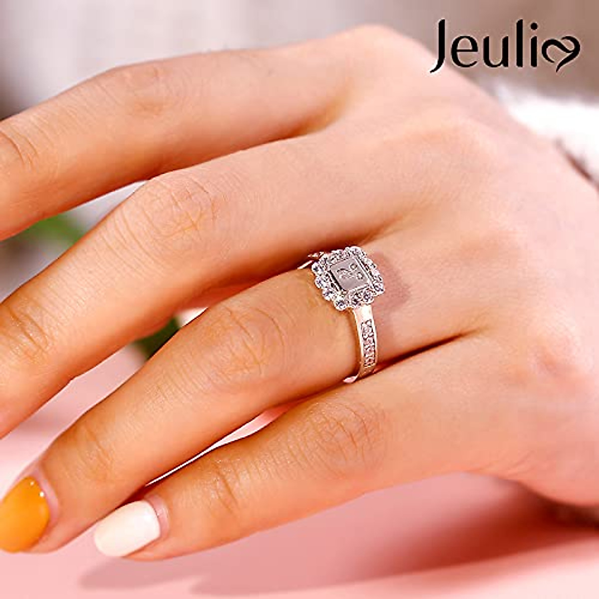 Jeulia Diamond Personalized Custom Rings for Women cz Sterling Silver A Little Sparkle Monogram Ring Band Wedding Engagement Anniversary Promise Ring Bridal Sets (Silver, 7(US))
