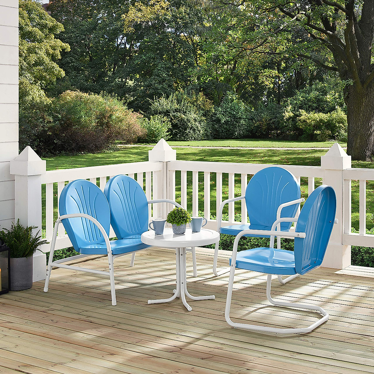 Crosley Furniture Griffith 4-Piece Retro Metal Outdoor Loveseat Patio Furniture Set for Porch, Deck, Balcony, Sky Blue