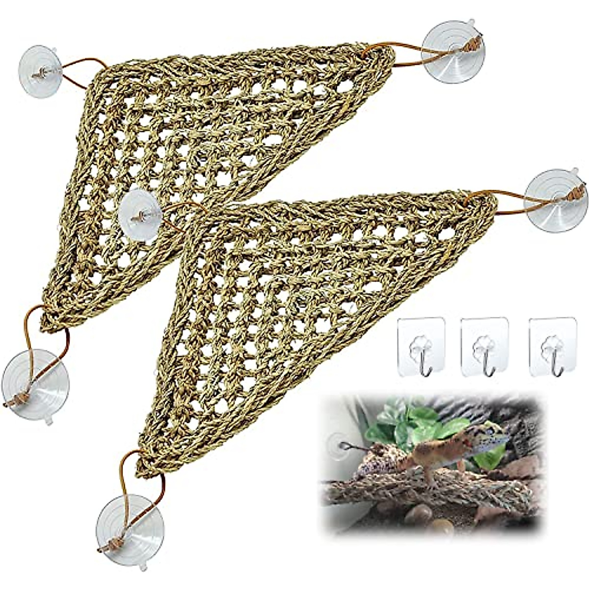 2 Pack Reptile Lizard Bearded Dragon Hammock,Reptile Lounger,100% Natural Grass Fibers Hammock Bed for Bearded Dragons, Geckos, Iguanas, Hermit Crabs (Triangular + Rectangle)