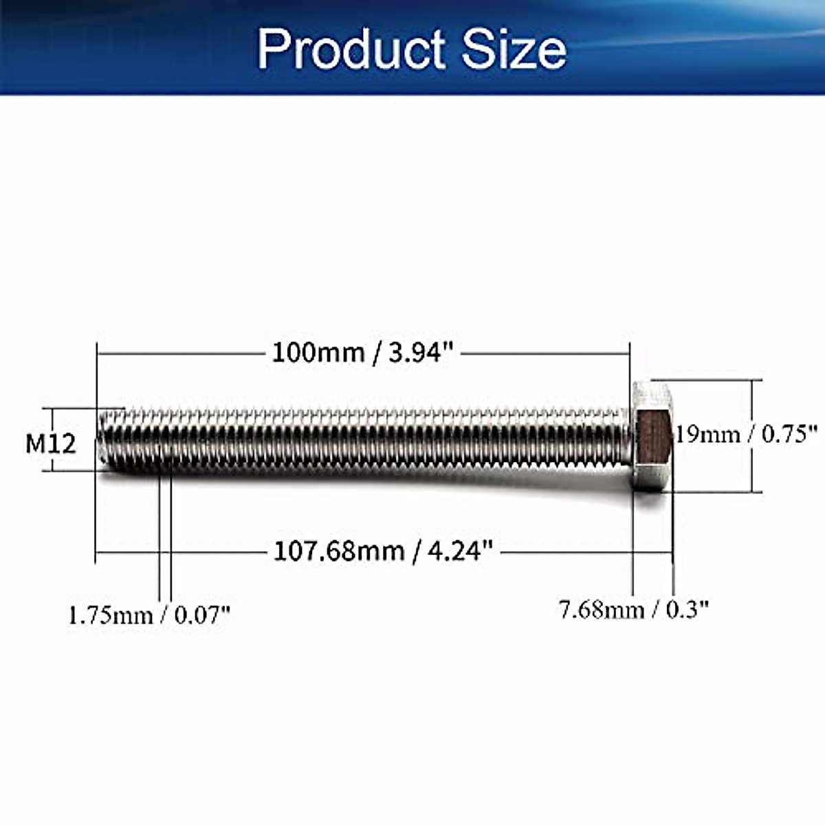 Bettomshin 5Pcs M12 x 100mm Hex Bolts, 304 Stainless Steel 1.75mm Thread Pitch Fully Threaded Metric Hex Head Screw Bolts, Hexagon Screw Bolt, Hex Tap Bolts, Silver (Overall Size 107.68x19x19mm)