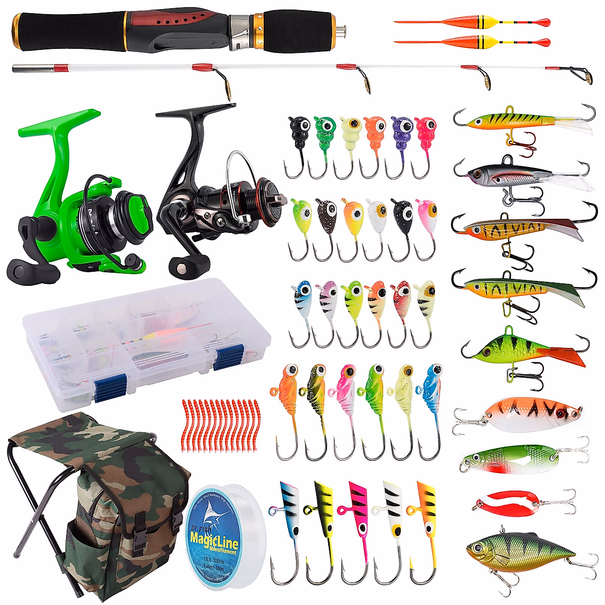 Dr.Fish Ice Fishing Rod and Reel Combo with 2 Ice Spinning Reels Ice Fishing Gears Equipment Ice Fishing Pole Ice Jig Lures
