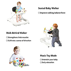 Kinder King 3 in 1 Folding Baby Walker, Activity Walker for Boys Girls, Learning-Seated, Toddler Walk-Behind w/Music Toys, Adjustable Height & Speed, Safety Bumper, Infant Walker Anti-Rollover, Black