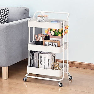 TOOLF 3 Tier Metal Rolling Cart, Utility Cart with Handle, Multifunction Storage Cart with Lockable Wheels, Serving Organizer Trolley with Mesh Basket for Kitchen, Bathroom, Office