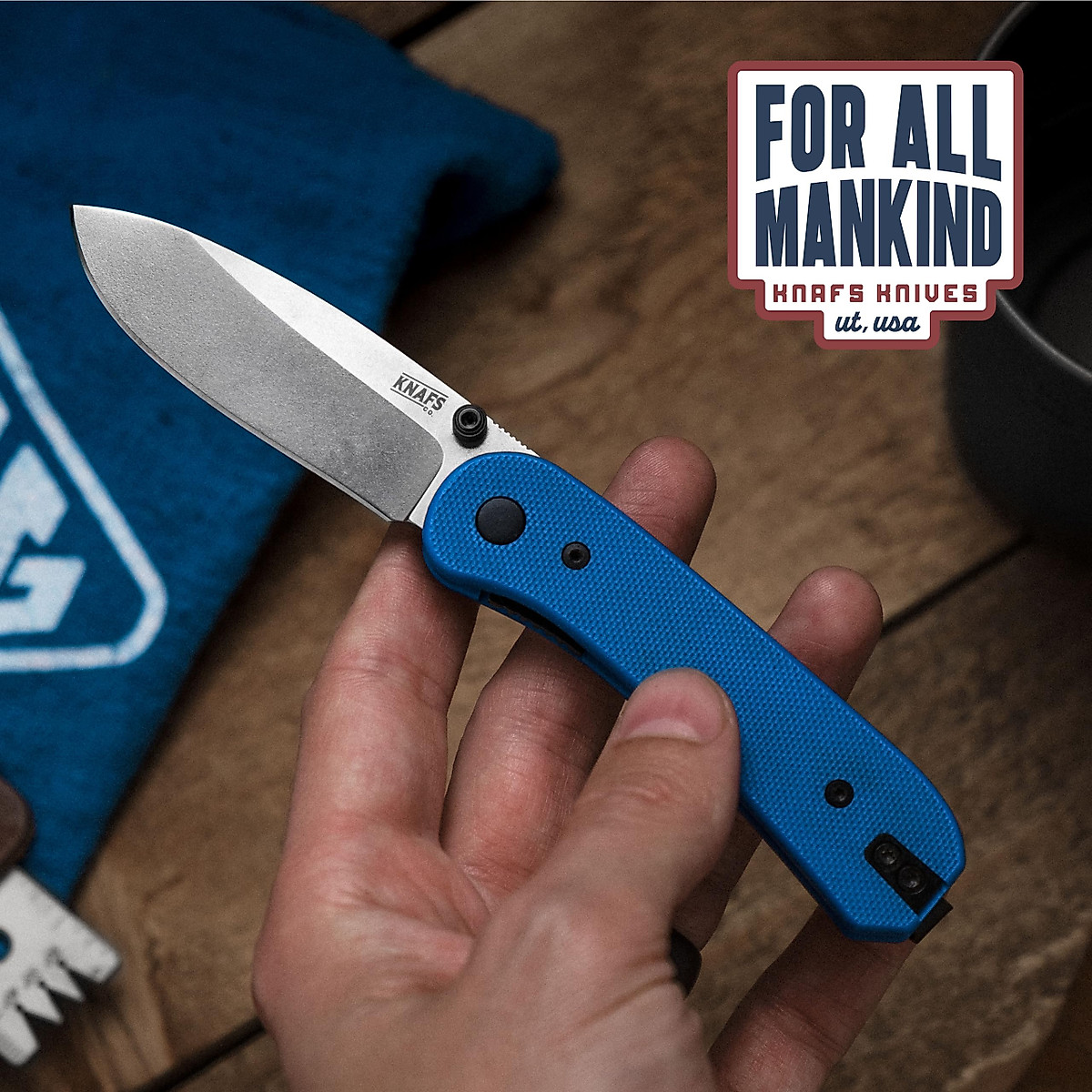 Knafs - Lander 1 Folding Pocket Knife with Clip - EDC for Men, Women, Everyone - Gray Stonewash Blade - Blue G10 Handle