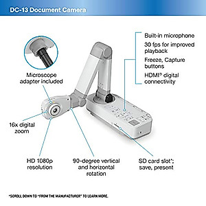 Epson DC-13 High-Definition Document Camera with HDMI, 16x Digital Zoom and 1080p Resolution,White