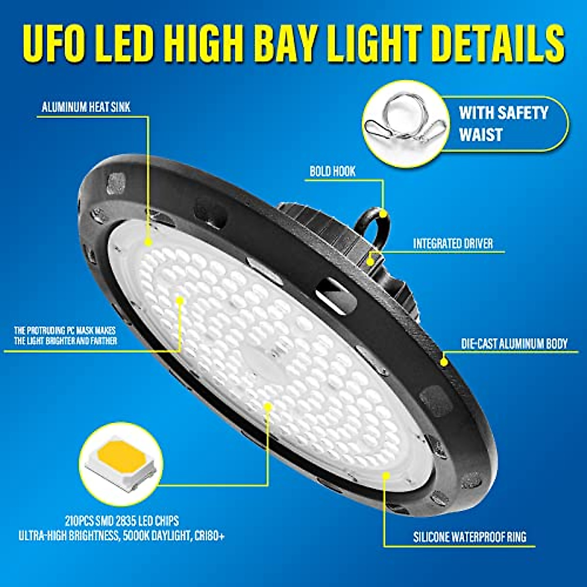 AUXTINGS 150W UFO LED High Bay Light 15000lm 6000K Daylight 600W HID/HPS Equivalent LED Shop Lights for Warehouse Shop Workshop Industrial Factory Garage Basement Barn High Bay Light
