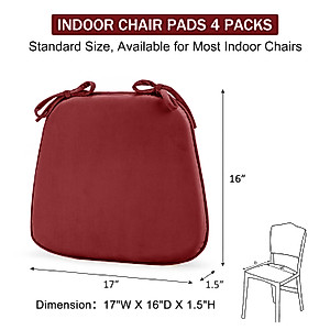 downluxe Indoor Chair Cushions for Dining Chairs, Dutch Velvet Fabric Memory Foam Chair Pads with Ties for Kitchen, Dining Room and Bedroom, 17" X 16" X 1.5", Burgundy, 4 Pack
