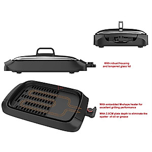 ADDIS Smokeless Indoor Electric Grill with Tempered Glass Lid and Drip Pan 1500W M-Shaped Heating Element and Non-Stick Coating, Stainless Steel
