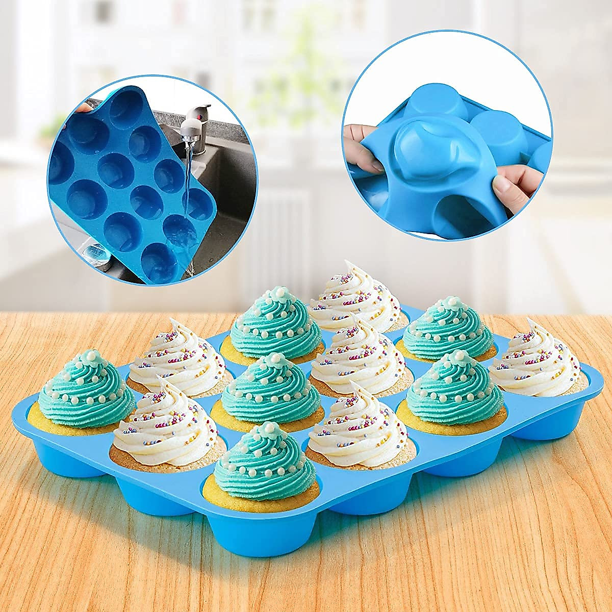 swiftrans Silicone Muffin Pan Cupcake Set,Non Stick, Bpa Free12 Cups Muffin Baking Pan,Silicone Baking Molds Set with 1 Scraper,1 Brush and 12 Muffin Cups