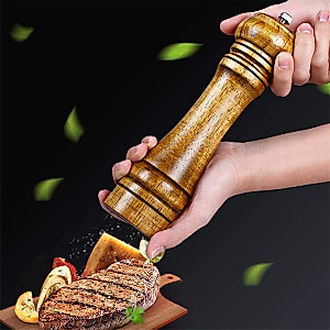 Solid wood oak grinder restaurant pepper manual grinding powder pepper ceramic adjustable coarse grinder (8inches) (8.66x2.16)