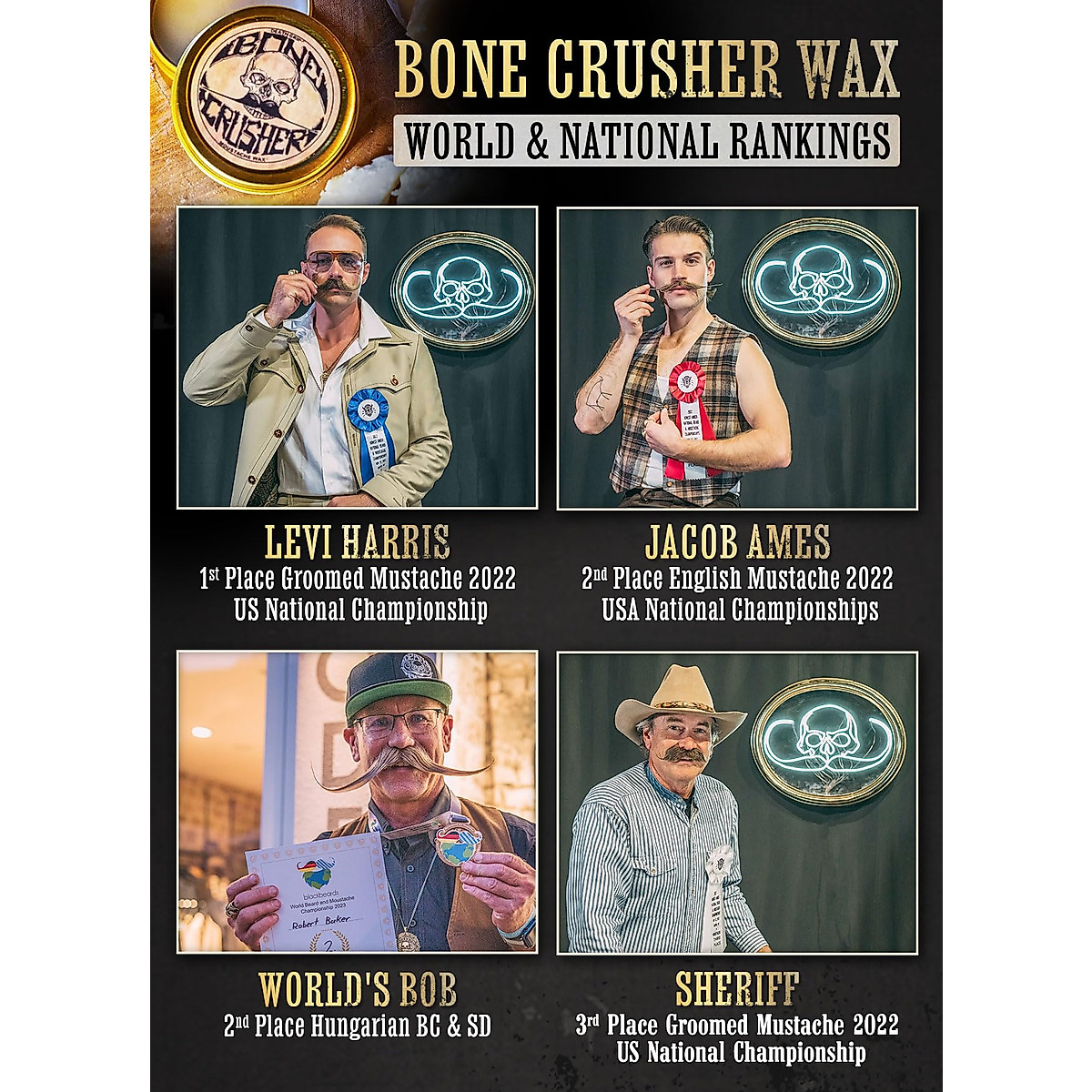 Mustache Wax Extra Strong Hold | 1oz Bone Crusher Moustache & Beard Wax Tin | Grooming For Men | Perfect For Dali Curly English Handlebar Mustaches By Death Grip | Heat Source Required