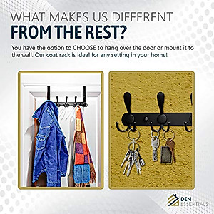 Metal Wall Mounted Coat Rack | 5 Tri-Hooks Hold Up to 50 LBS | On Door Towel Rack can be Installed in Minutes - All Setup Tools Included | For Bathroom, Living Room, Kitchen & Garage (Black)