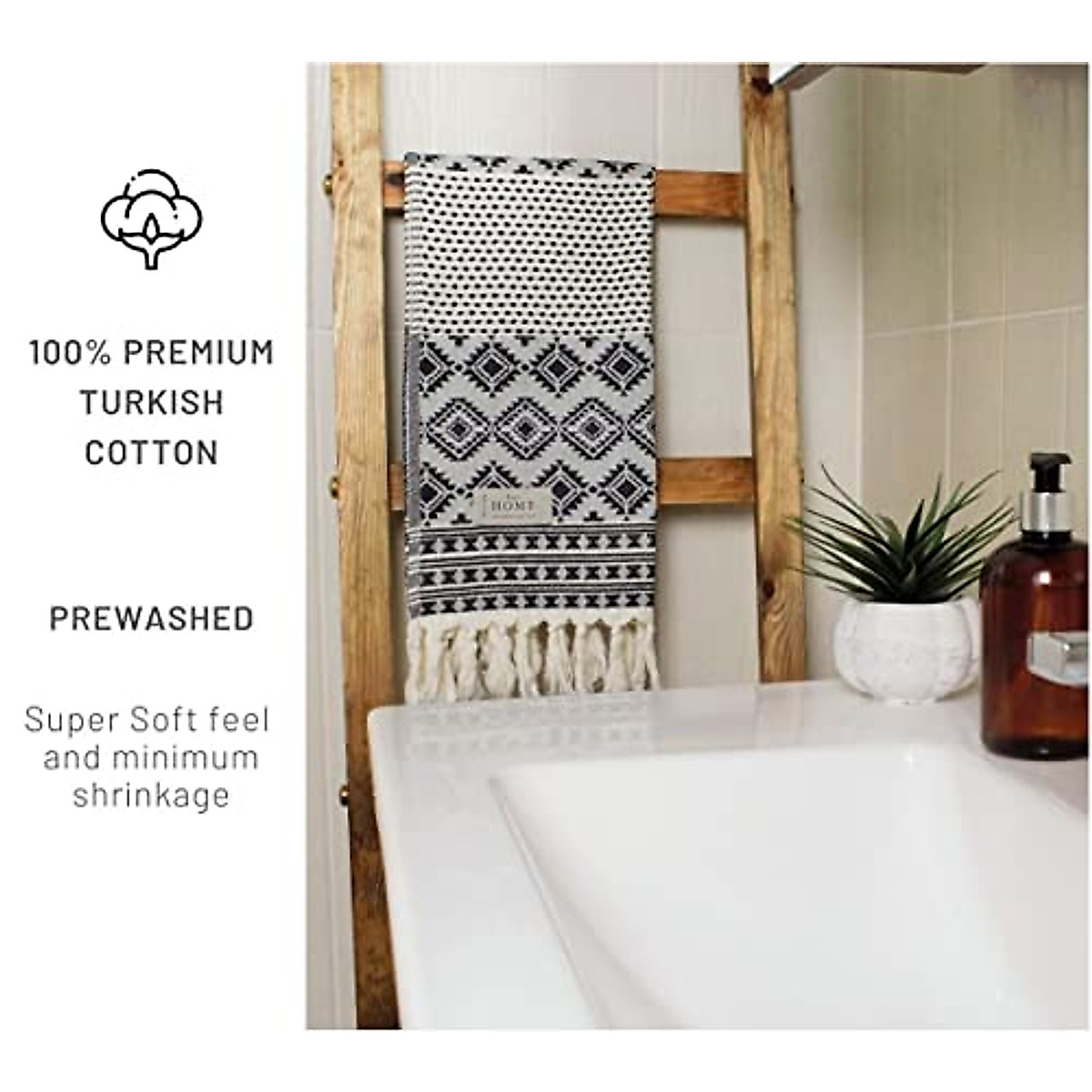 T&I Home Aztec Decorative Turkish Hand Towels for Bathroom - Set of 2 (16x40) Black, Soft 100% Cotton - Quick Dry, Prewashed, No Shrink - Farmhouse Boho Kitchen Towel Set, Hair, Face, Tea, Dish