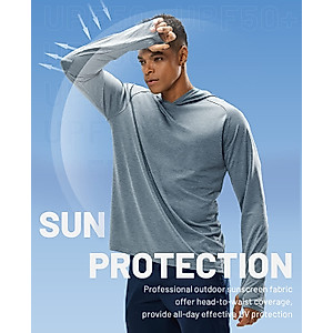 MIER Men's Long Sleeve Hiking Shirts UPF 50+ Sun Protection Fishing Hoodie SPF UV Running Workout Hooded T-Shirt, Haze Blue, L