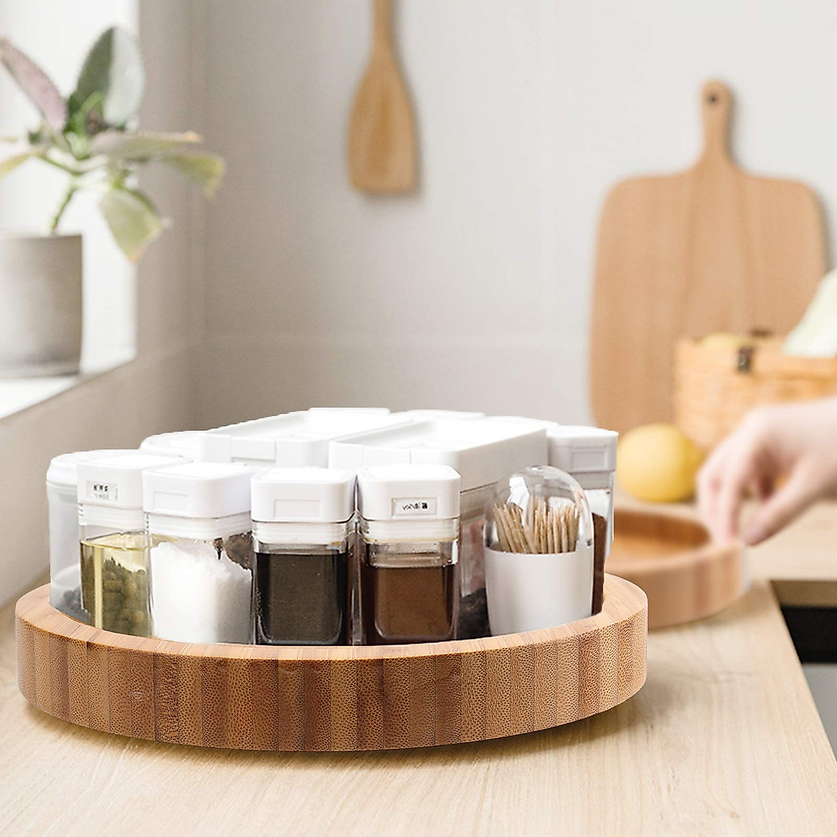 Fasmov 12 Inches Diameter Bamboo Lazy Susan Turntable, Spin Thicken Round Wood Tray Rotating Spice Rack for Kitchen Pantry Countertop Table