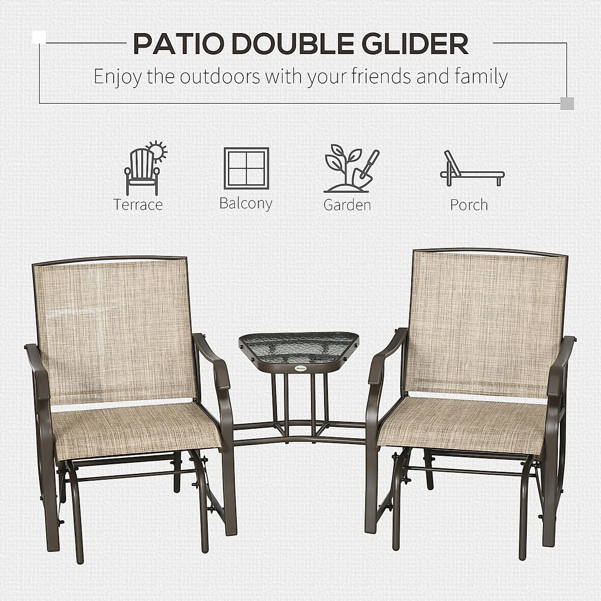 Outsunny Outdoor Glider Chairs with Coffee Table, Patio 2-Seat Rocking Chair Swing Loveseat with Breathable Sling for Backyard, Garden, and Porch, Light Brown