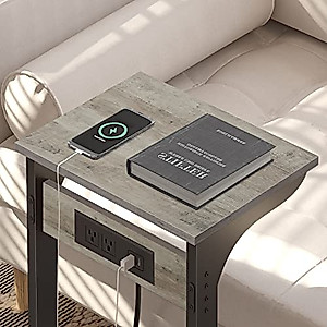 TUTOTAK C Shaped End Table with Charging Station, Tv Tray Table with 2 USB Ports and Outlets, Couch Table, Snack Table, Sofa Side Table for Small Spaces, Living Room, Bedroom TB01BG044