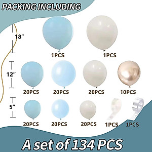 134Pcs Dusty Blue Balloons Arch Garland Kit, Dusty Baby Pastel Blue Chrome Gold Blue Sand White Confetti Balloon for Boy Baby Shower Decorations Bridal Shower Gender Reveal Birthday Party Supplies