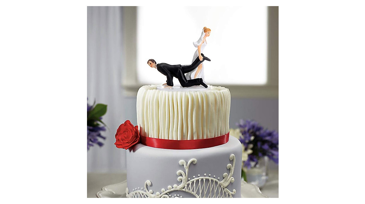 Comical Bride Drag Groom Wedding Cake Topper