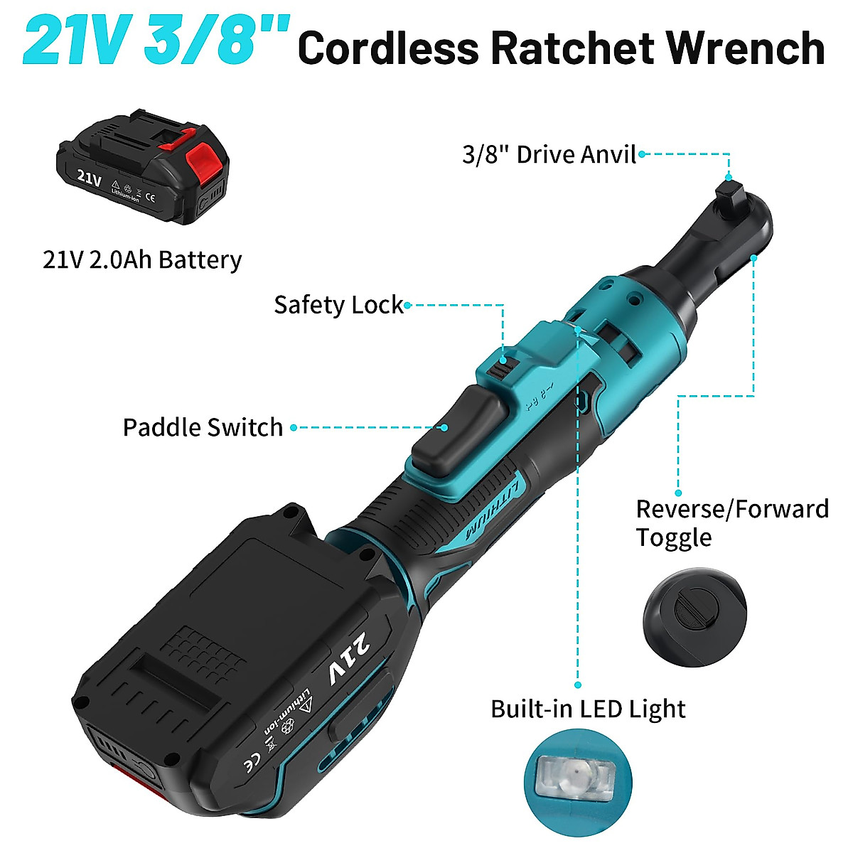 Housiwill 21V 3/8" Cordless Ratchet Wrench Set , Electric Ratchet Wrench Set with 2*2000mAh Li-ion Batteries + 1*2A Charger + 9*Bolt Sockets , 60 ft-lbs 450 RPM Cordless Electric Ratchet Wrench Set.