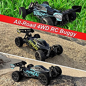 EXBONZAI Remote Control Car 1/12 Hobby RC Buggy 4WD RTR Off-Road RC Drift Car 2.4G for Adults High Speed Racing RC Cars 48+KM/H with 2 Batteries Aluminum Alloy Shock Tower, Kraze (Blue)