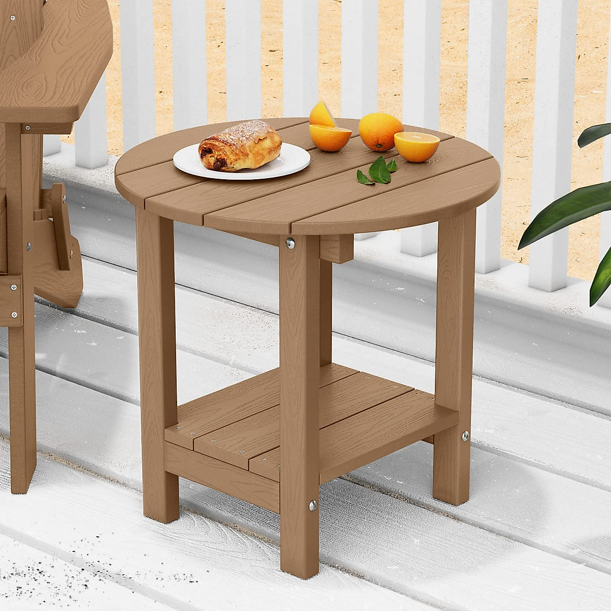 MXIMU Round Outdoor Side Table Adirondack Tables 18 Inch Chairside End Tables with Storage Shelf, 2-Tier Plastic Patio Side Table for Balcony Backyard Lawn